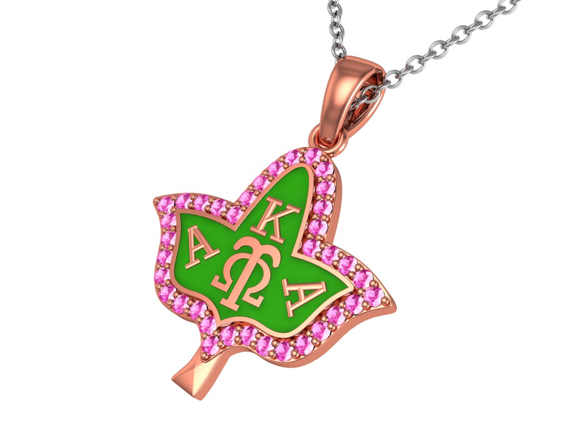 Alpha Kappa Alpha Pink Plated Ivy Leaf Green Enamel Sterling Silver Ne